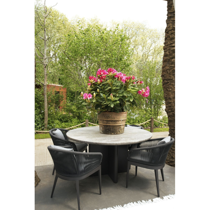 Dining table Aruba in grey aluminium and top in travertine