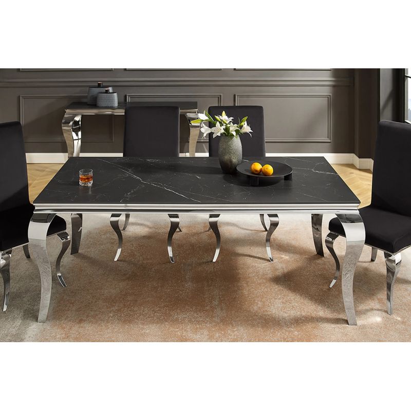 Modern baroque dining table steel silver top black ceramic