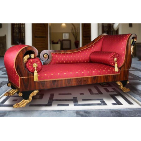 Grand daybed French Empire style red satin fabric and mahogany