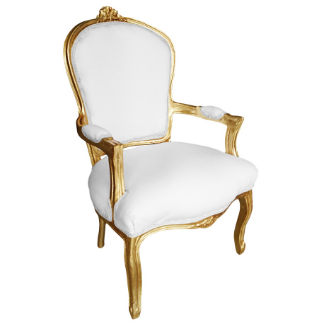 Baroque armchair of Louis XV style white fabric and gold wood