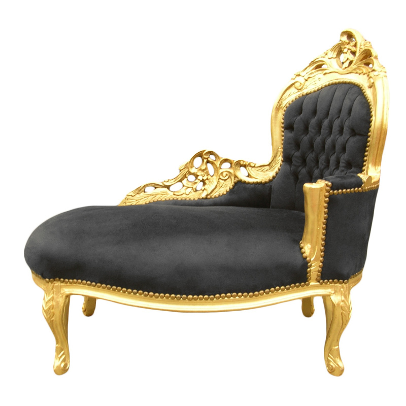 Baroque chaise longue black velvet with gold wood