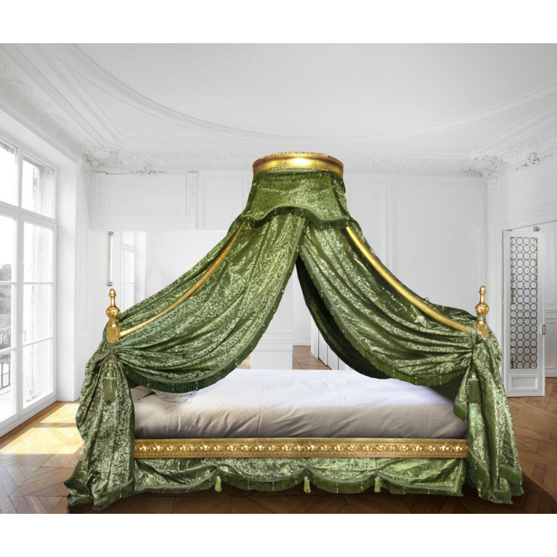 Baroque canopy bed with gold wood and green satine fabric