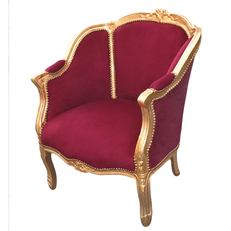 Grande bergère baroque de style Louis XV tissu bordeaux et bois doré Grande bergère baroque de style Louis XV tissu bordeaux et bois doré